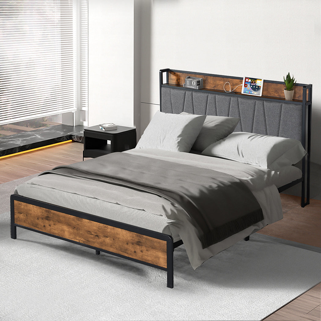 The Grange Queen Bed Frame with Power Strip & Headboard – Brown/Grey