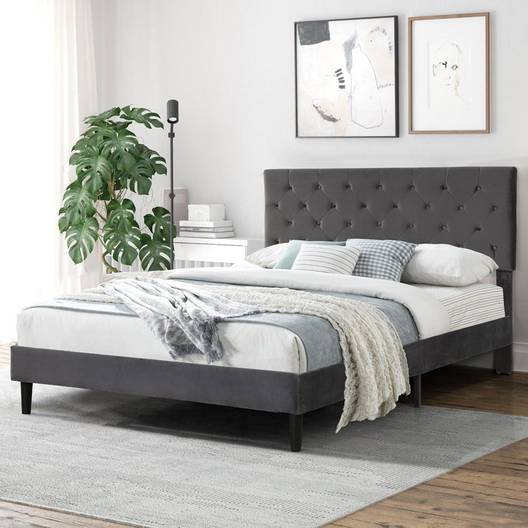 The Elara Queen Bed Frame – Adjustable Velvet Headboard Grey