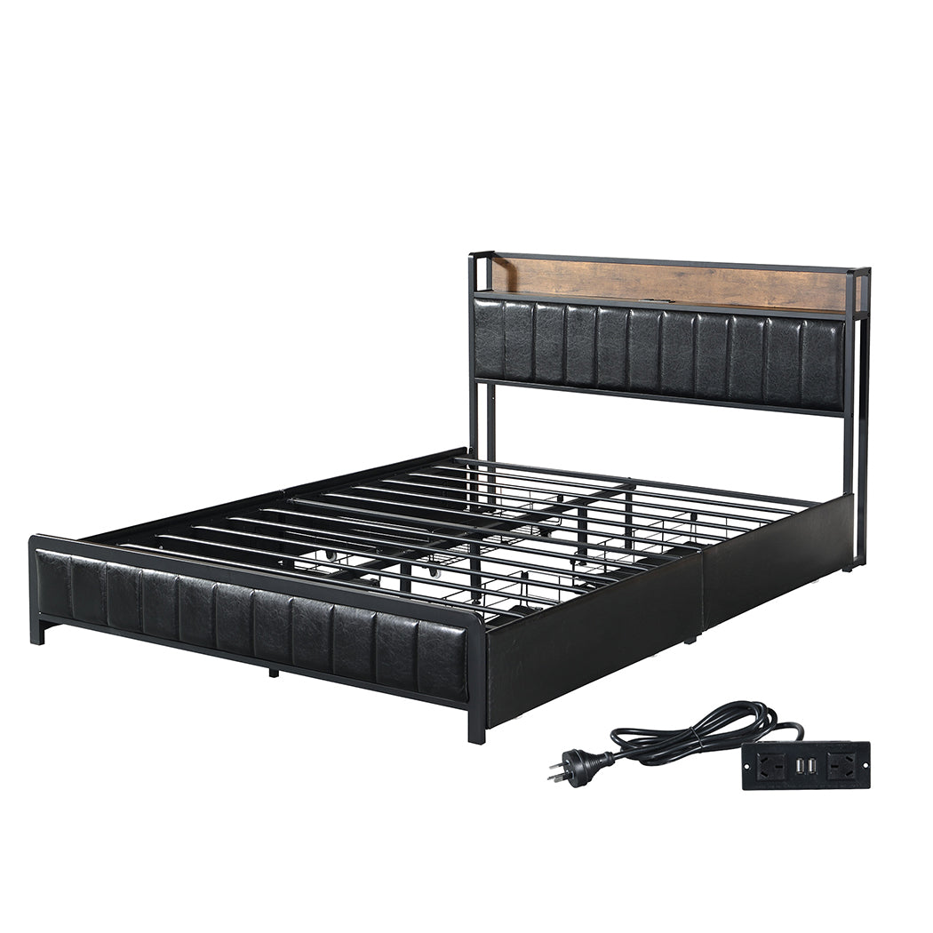 The Bastion Queen Bed Frame with Shelf, USB & Drawers – Black